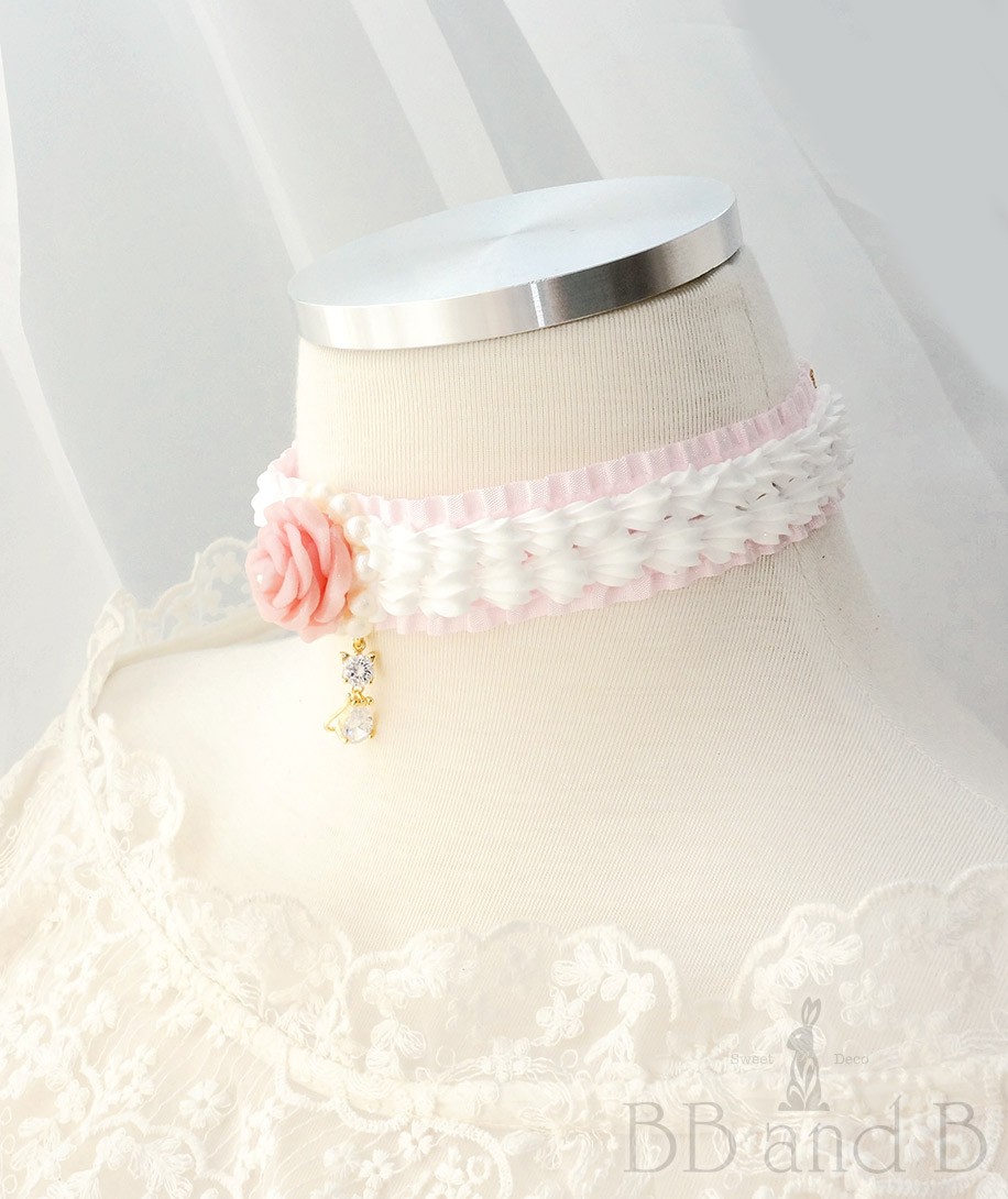 Ruffled Ribbon Chokers with Large Roses and Cat Charm | BB and B