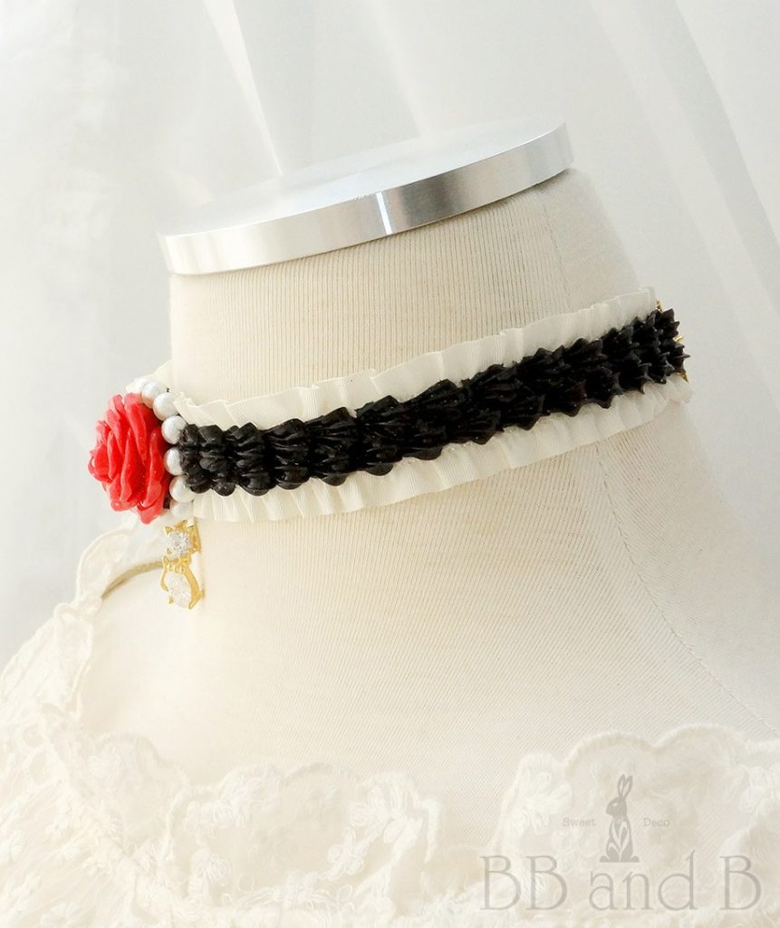Ruffled Ribbon Chokers with Large Roses and Cat Charm | BB and B