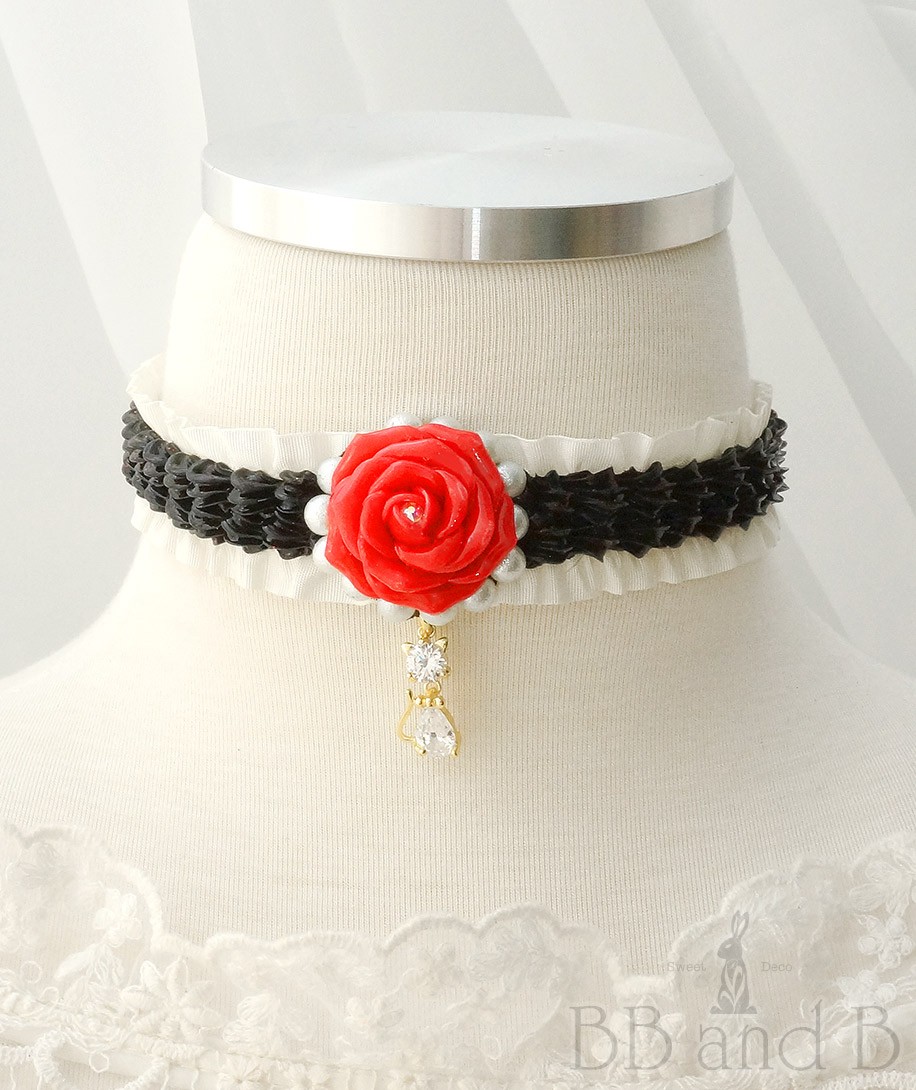 Ruffled Ribbon Chokers with Large Roses and Cat Charm | BB and B